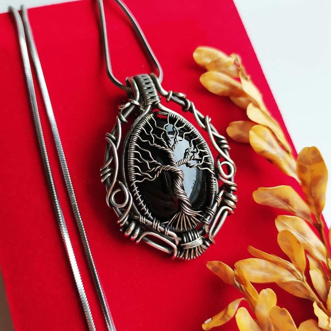 Onyx Tree of Life Pendant, Silver Wire Wrapped Necklace, Black Gemstone ...
