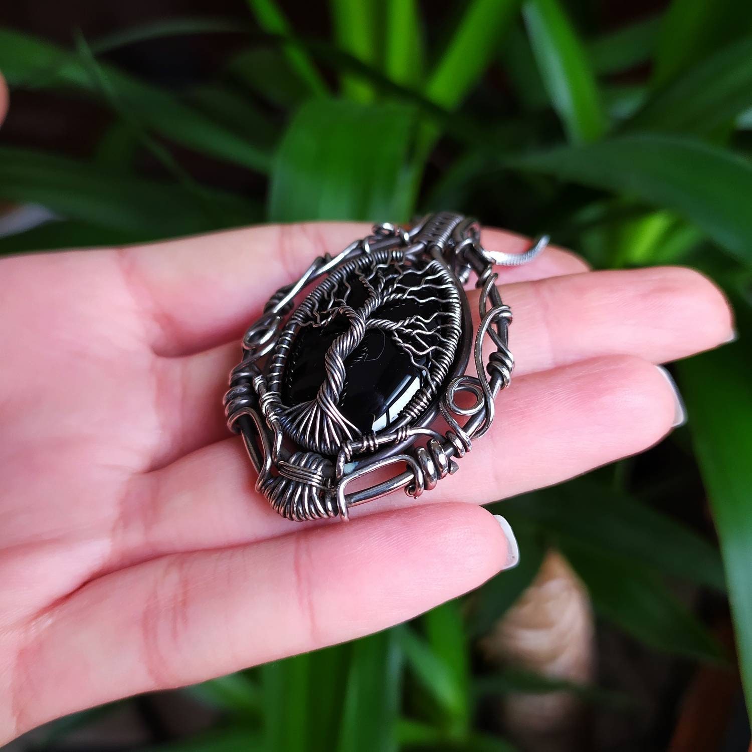 Onyx Tree of Life Pendant, Silver Wire Wrapped Necklace, Black Gemstone ...