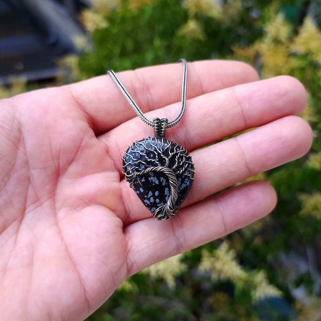 Snowflake Obsidian Tree of Life Pendant, Wire Wrapped Tree Necklace ...