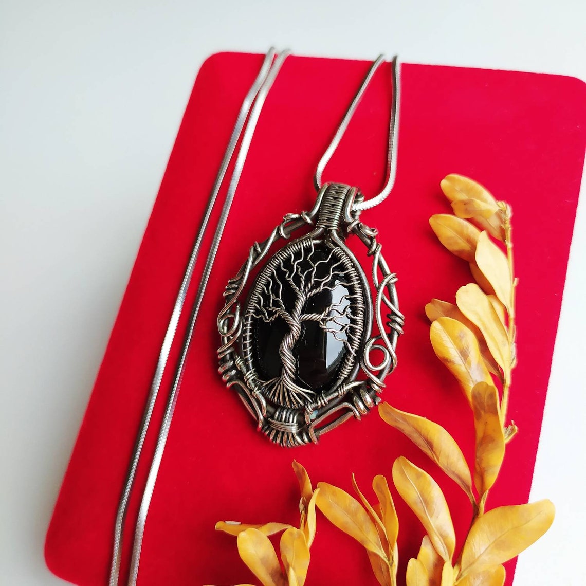 Onyx Tree of Life Pendant, Silver Wire Wrapped Necklace, Black Gemstone ...