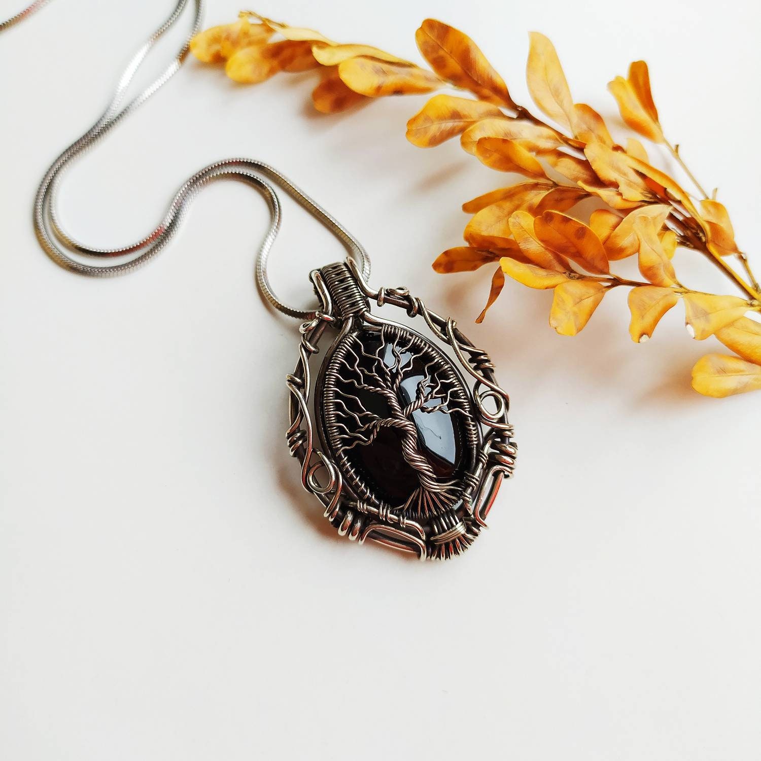 Onyx Tree of Life Pendant, Silver Wire Wrapped Necklace, Black Gemstone ...