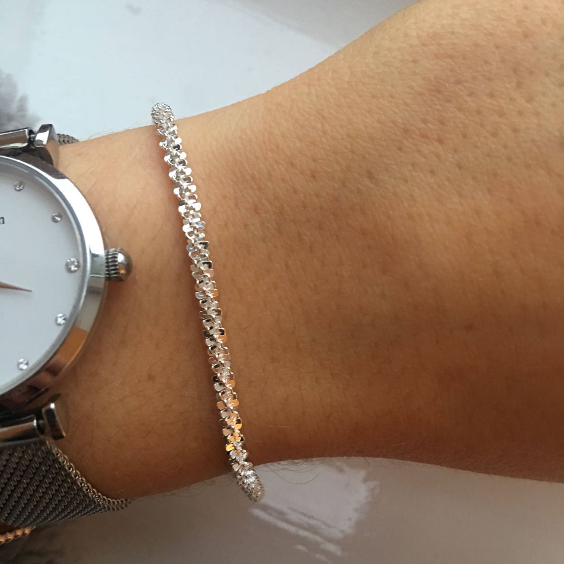 Sterling Silver Sparkly Simple Bracelet Silver Twist Bracelet - Etsy UK