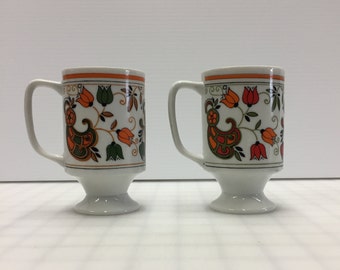 Set of 5 vintage footed coffee cups with birds and flowers | Etsy