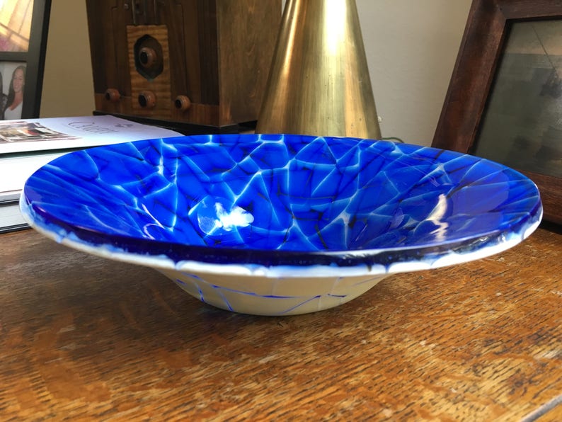 Fused Glass Bowl Blue Mosaic Design Etsy