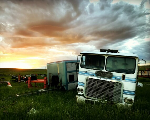 Semi Truck Junkyard Sunset Printable Download Photo Rustic | Etsy