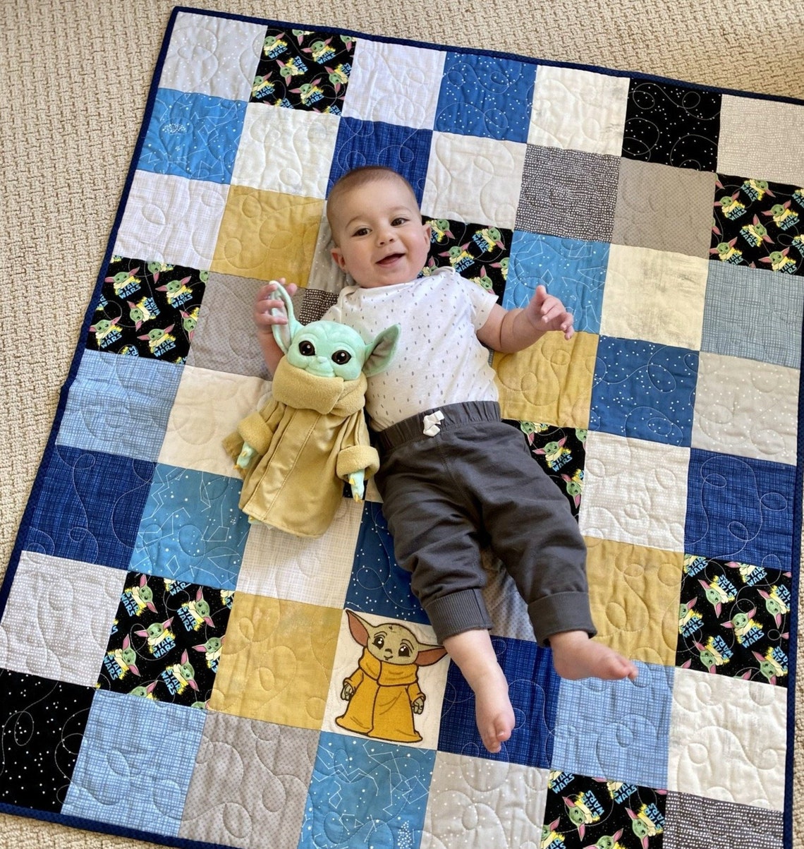 Star Wars Baby Quilt Blue Baby Yoda Nursery Bedding - Etsy