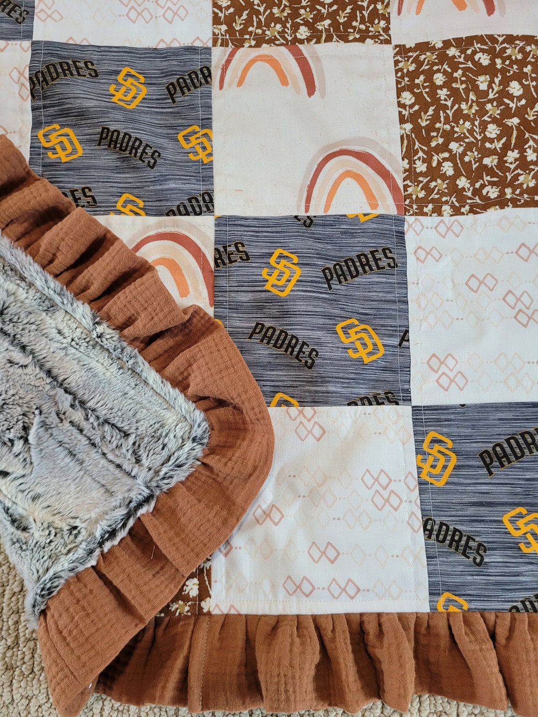 Floral Boho Girl Quilt San Diego Padres Baseball Girl Ruffled Blanket ...