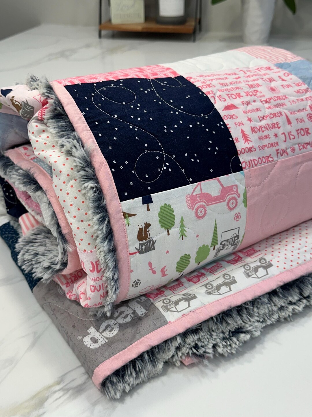 Soft Jeep Truck Quilt - Pink, Gray and Blue Woodland Adventure Blanket ...