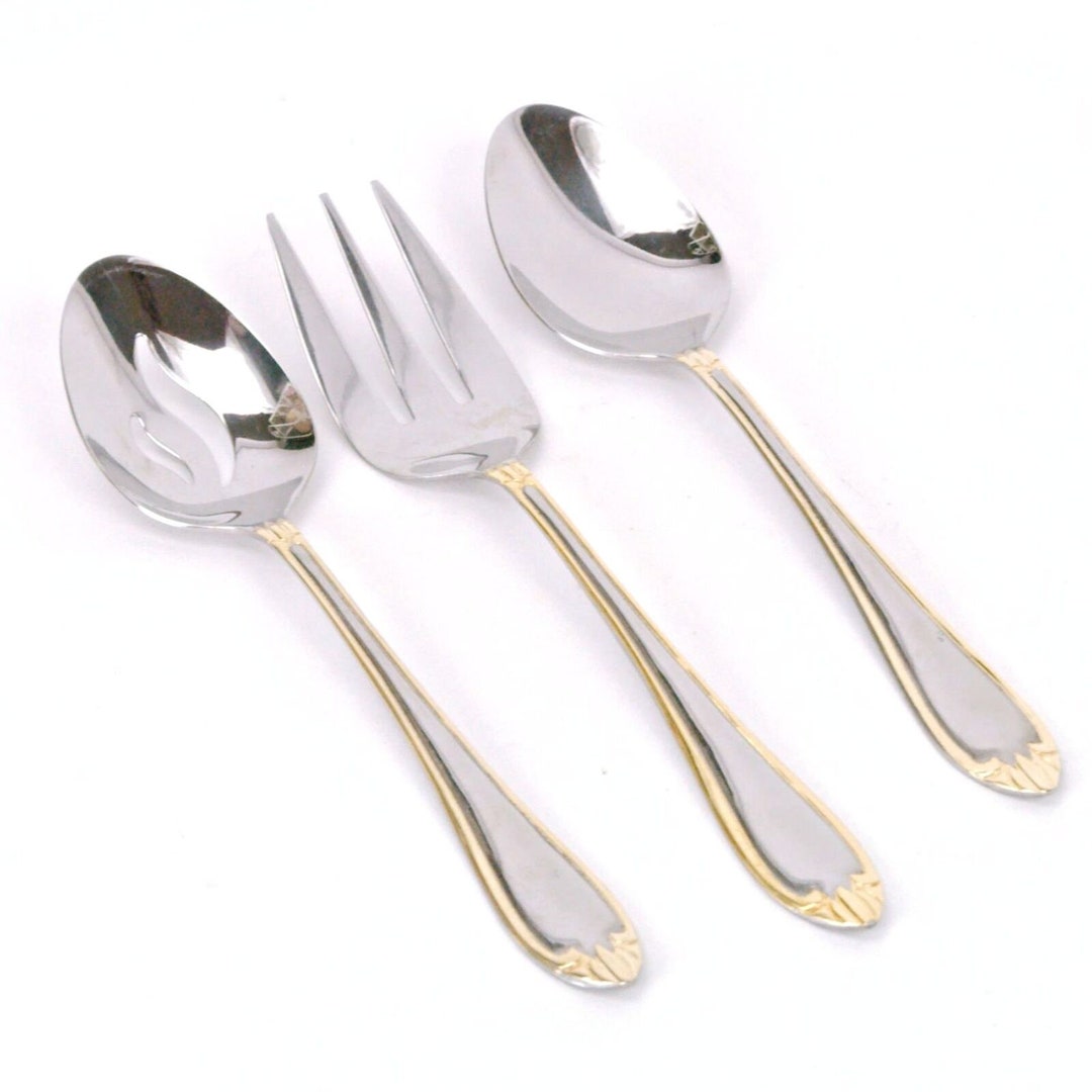 Hampton Silversmith Abigail Gold Accent Stainless Serving Spoons Meat ...