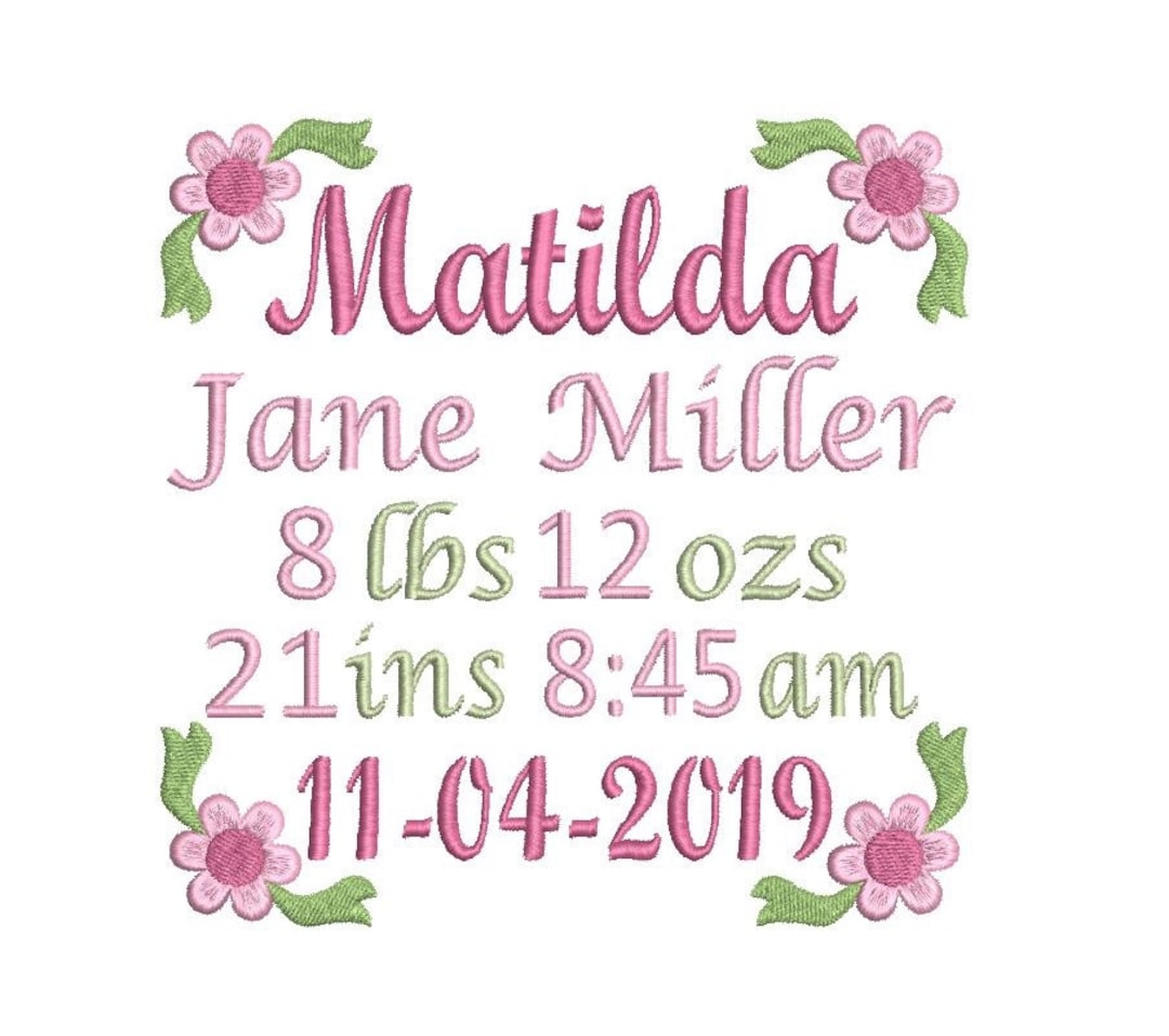 Baby Birth Announcement Embroidery Design, Personalised, Customized ...