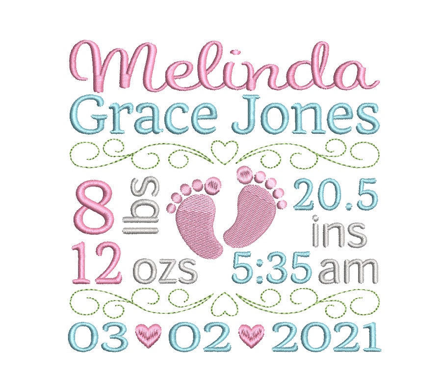 Baby Birth Announcement Embroidery Design, Personalised, Customized ...