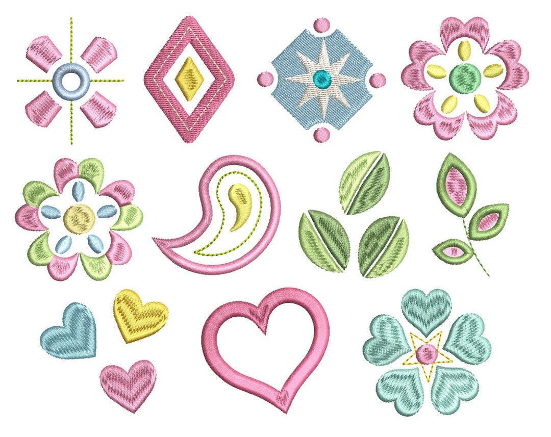 Mini Florals Embroidery Designs, Hearts, Leaves, Flowers, Mini Elements ...