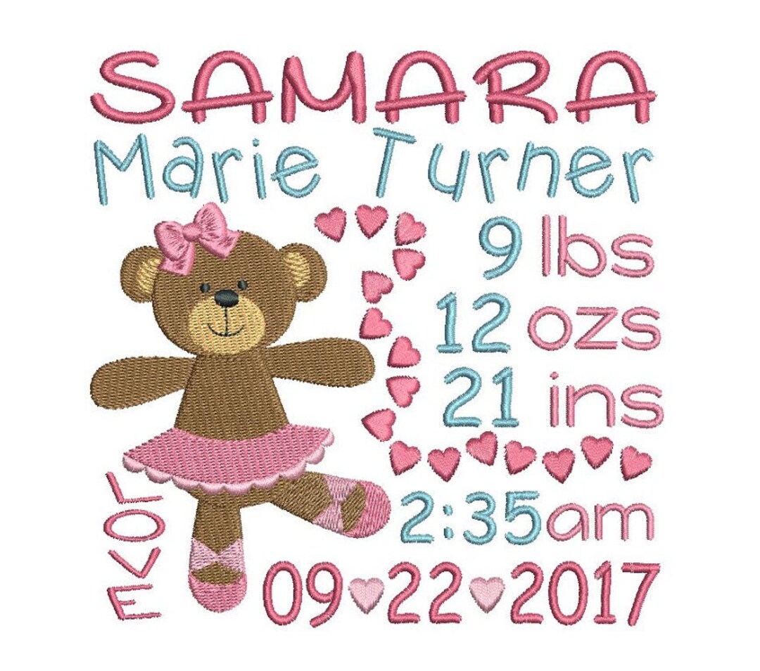 Birth Announcement Embroidery Design, Personalised, Baby Birth Stats ...