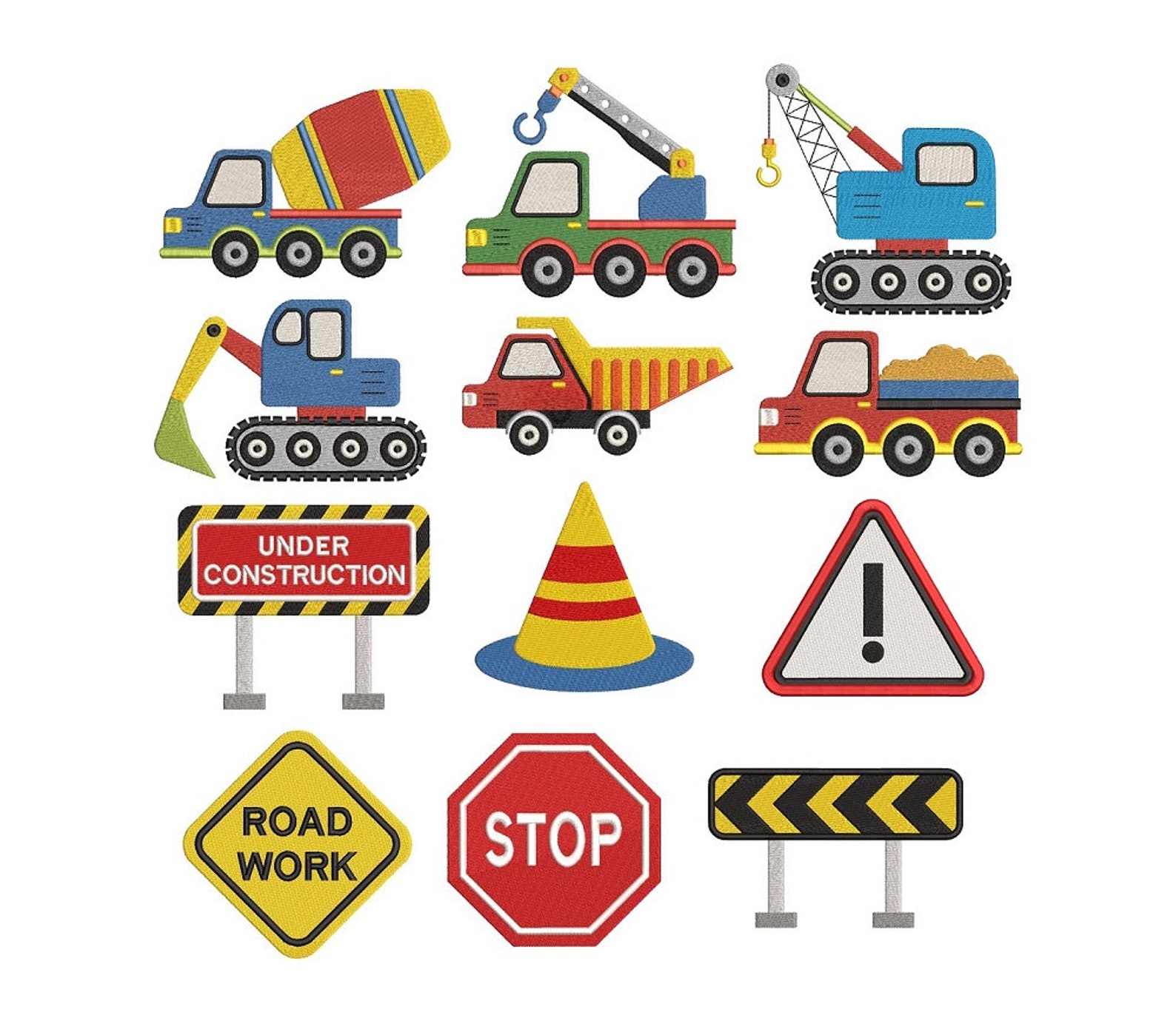Construction Embroidery Designs, Fill Stitch, Trucks, Crane, Road Signs ...