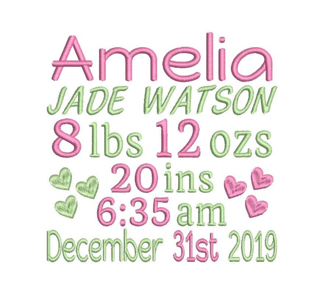 Baby Birth Announcement Embroidery Design, Customized, Baby Birth Stats ...