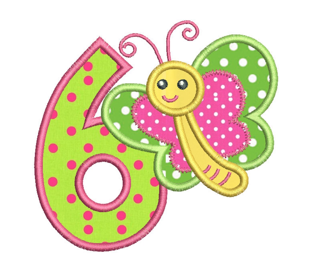 Girl's 6th Birthday Applique Machine Embroidery Design, Number 6, Cute ...