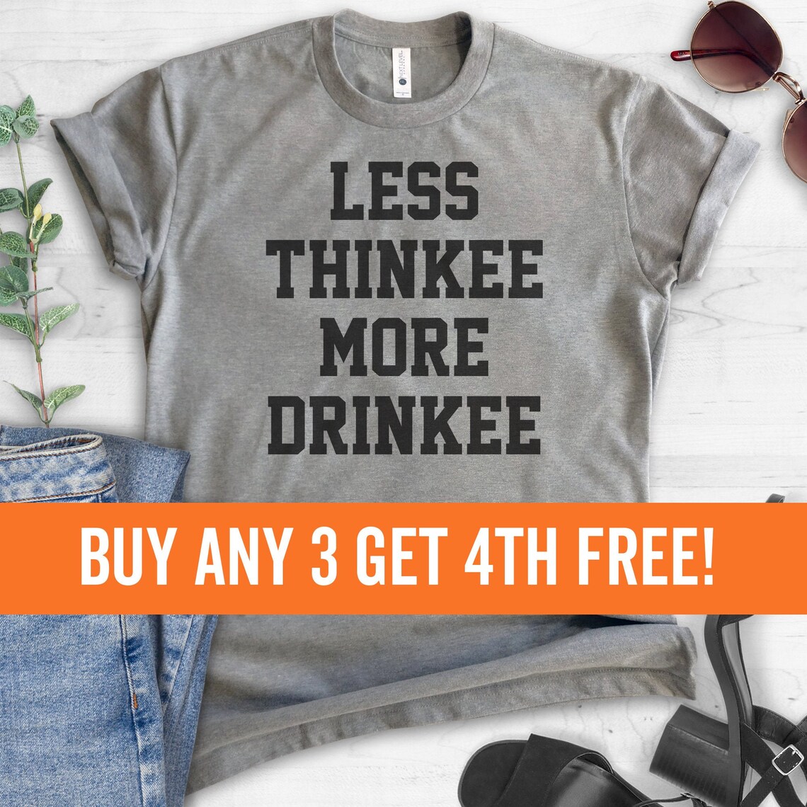 Less Thinkee More Drinkee T-shirt Ladies Unisex Crewneck - Etsy