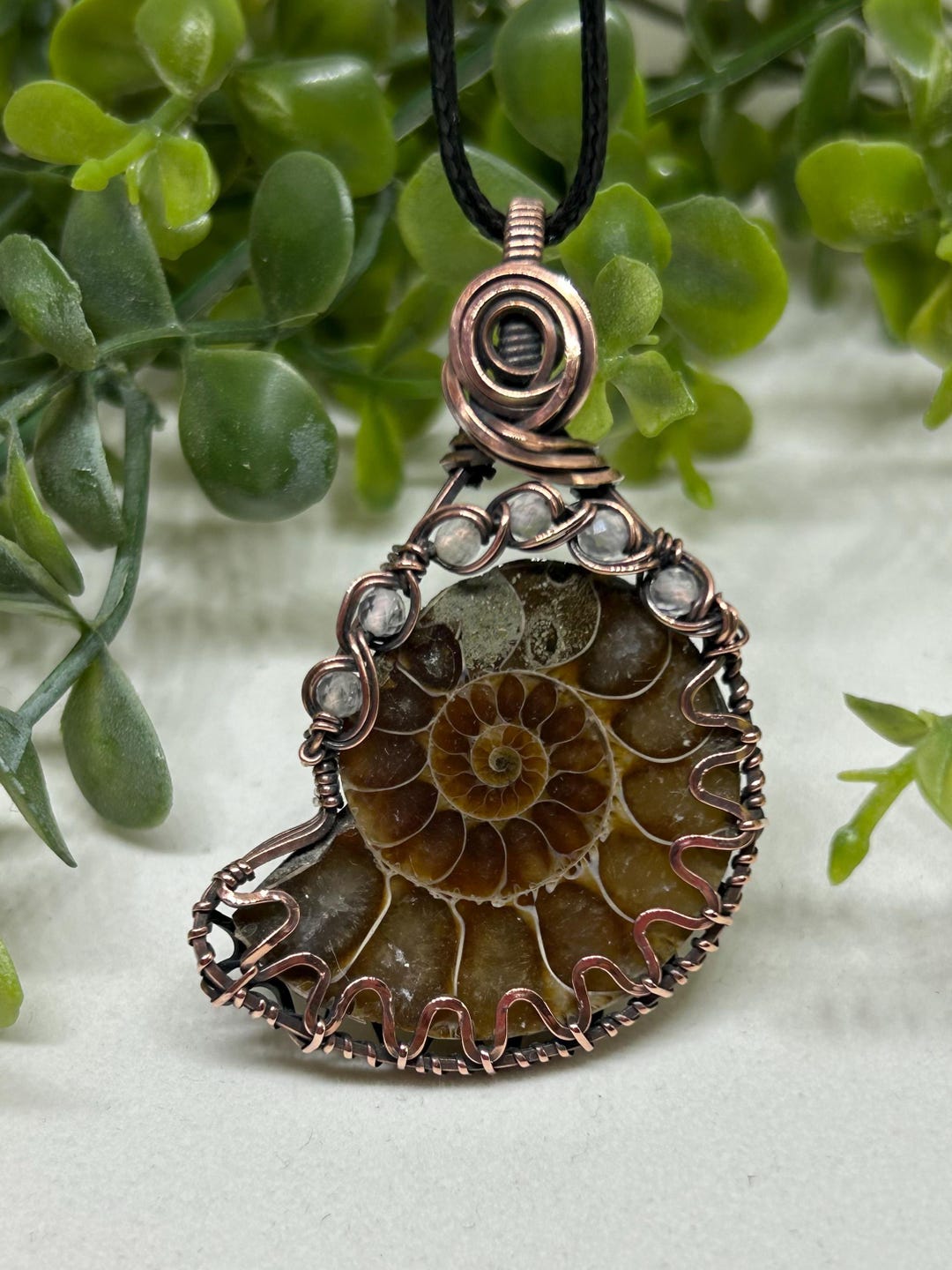 Wire Wrapped Ammonite Pendant With Rose Quartz Facets - Etsy