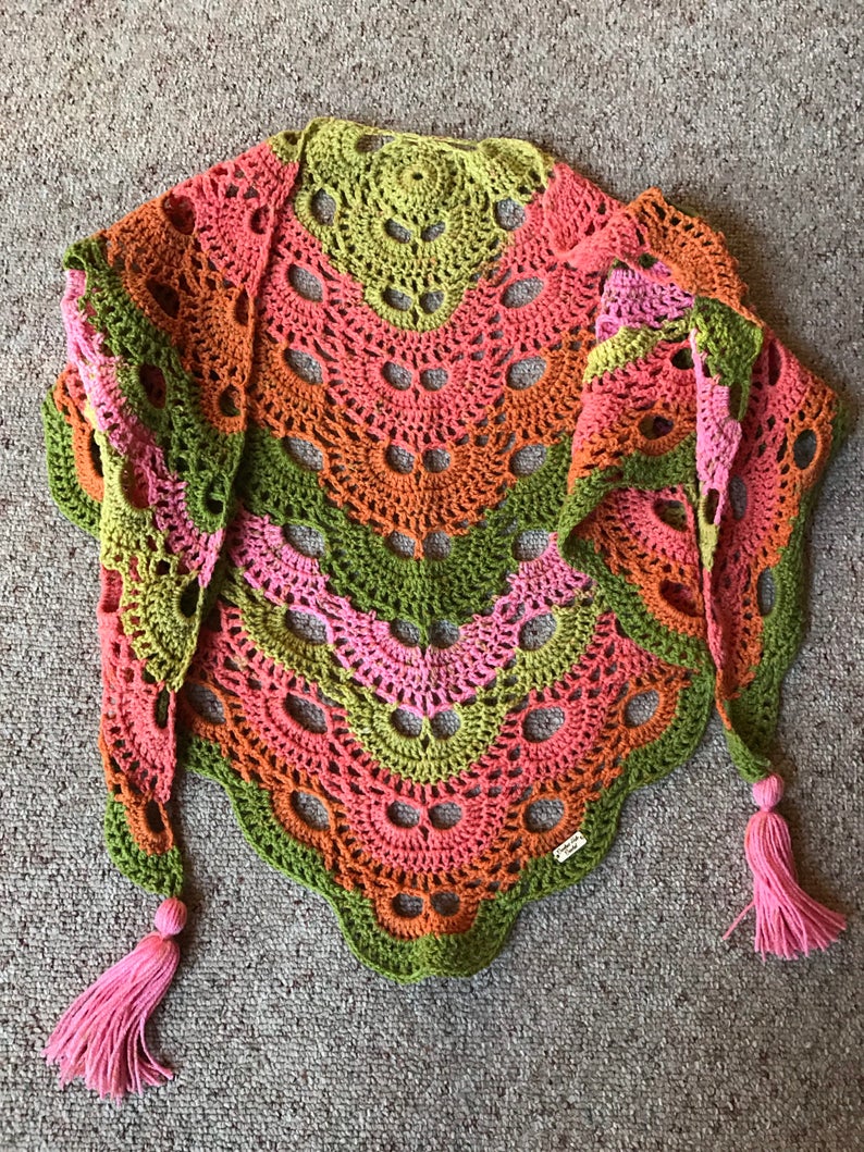 Crochet Virus Shawl Scarf With Tassels in Strawberry Kiwi - Etsy