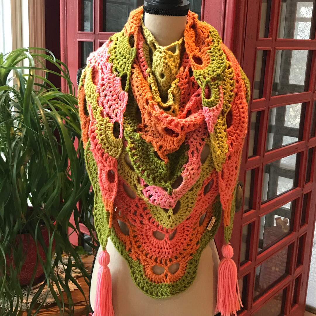 Crochet Virus Shawl Scarf With Tassels in Strawberry Kiwi - Etsy