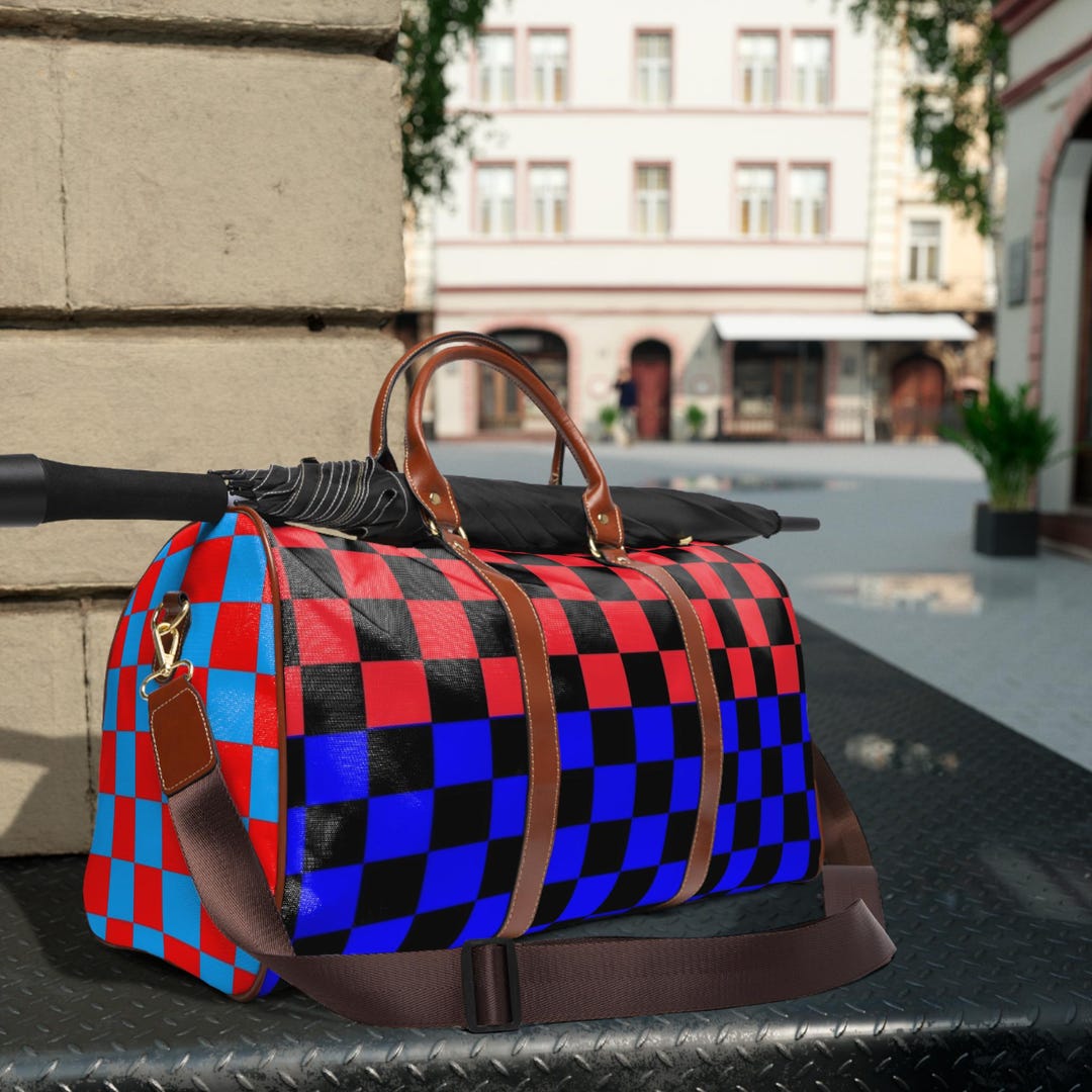 Red Blue Geometric Checkerboard Waterproof Travel Bag | Cube Pattern ...