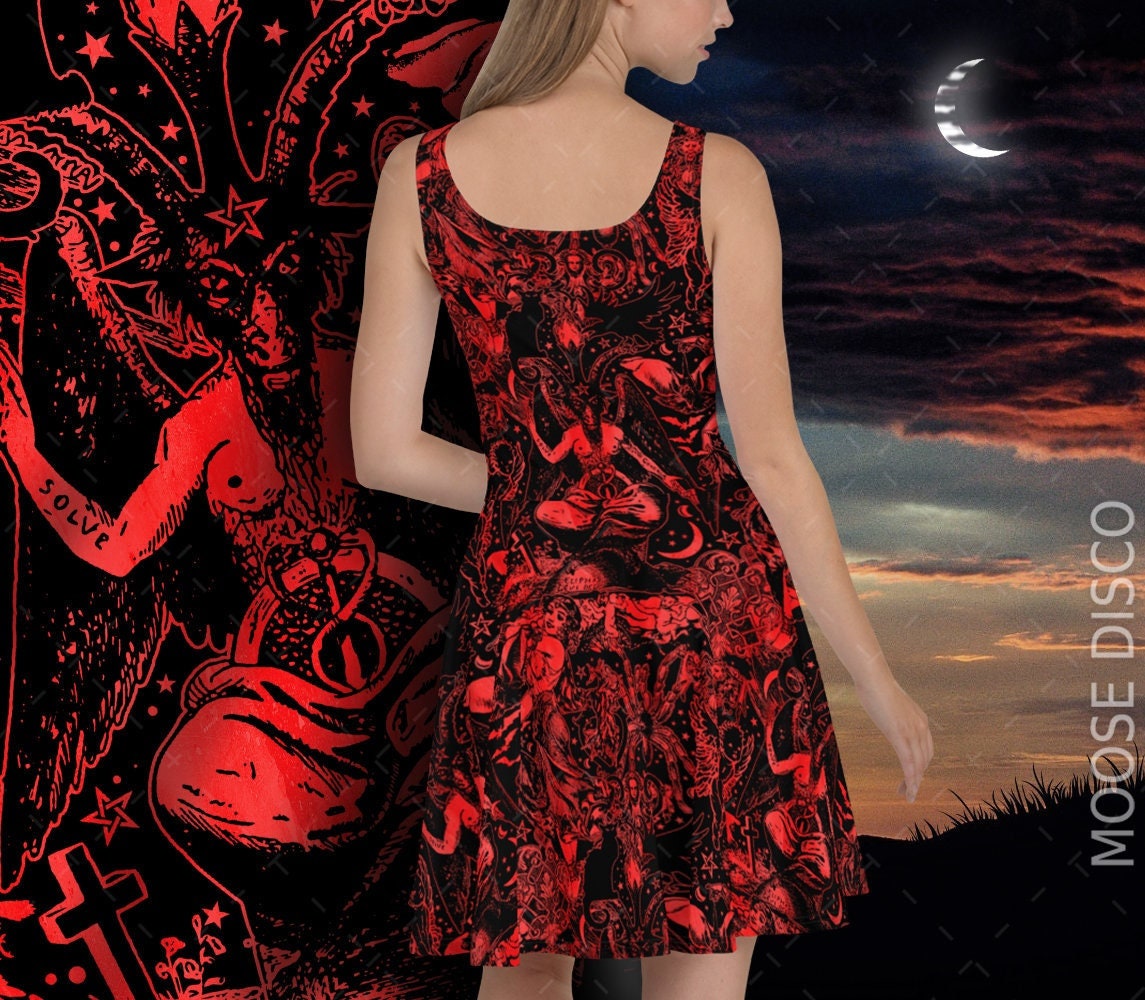 Witchy Red Baphomet Dress, Gothic Skater Dress, Red Gothic Dress ...