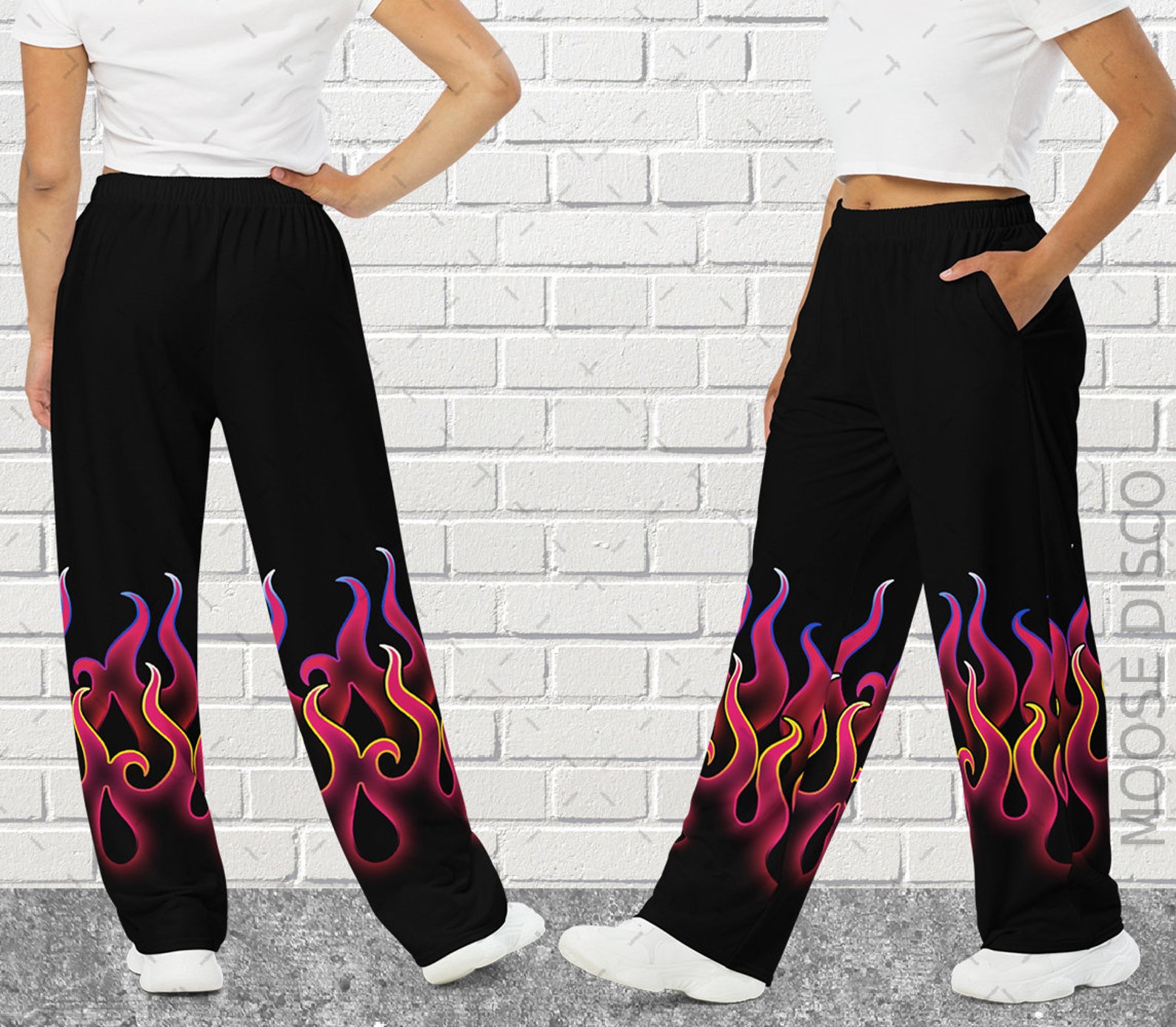 Boho Pink Flames, Wide-leg Fire Pants, Hippie Pants, Flame Pants, Flame ...