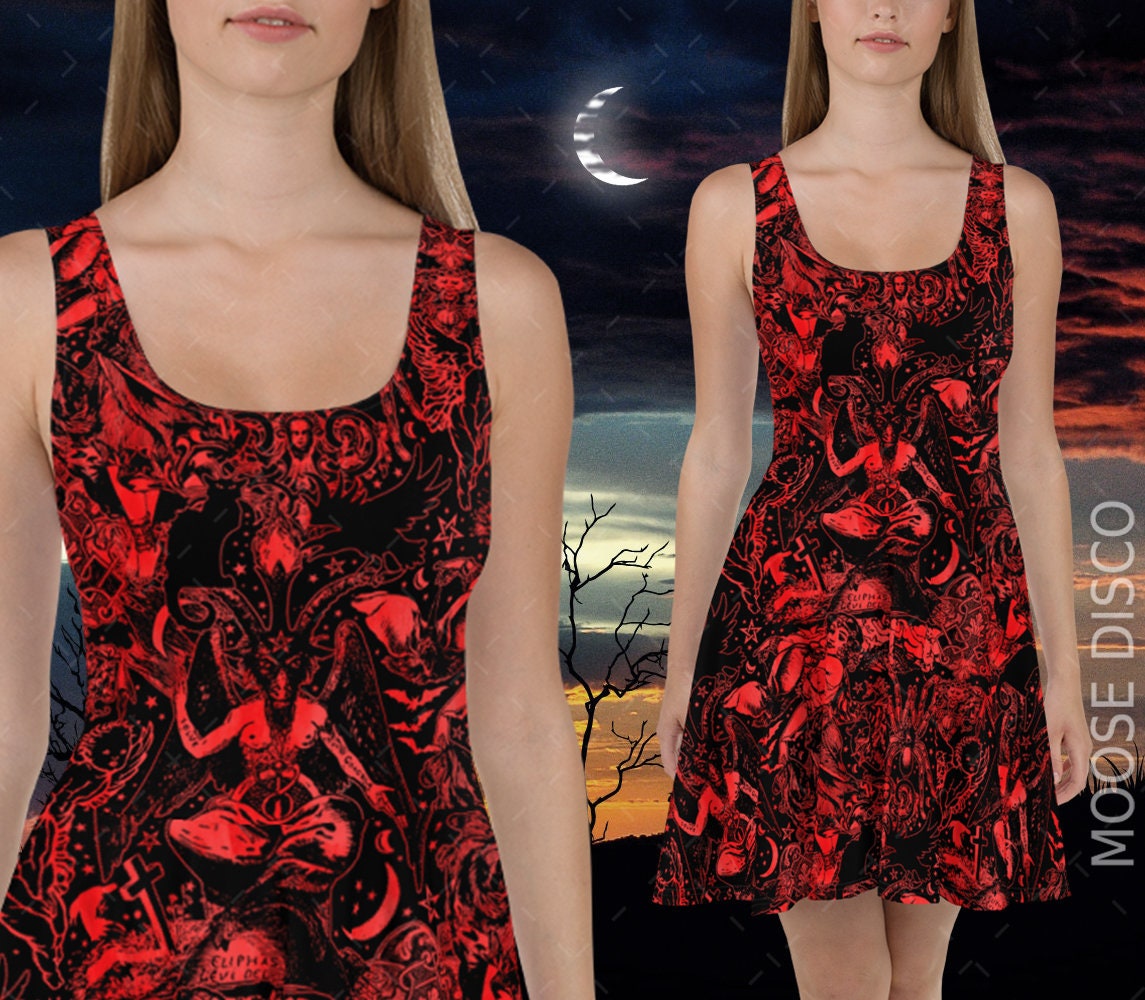 Witchy Red Baphomet Dress, Gothic Skater Dress, Red Gothic Dress ...