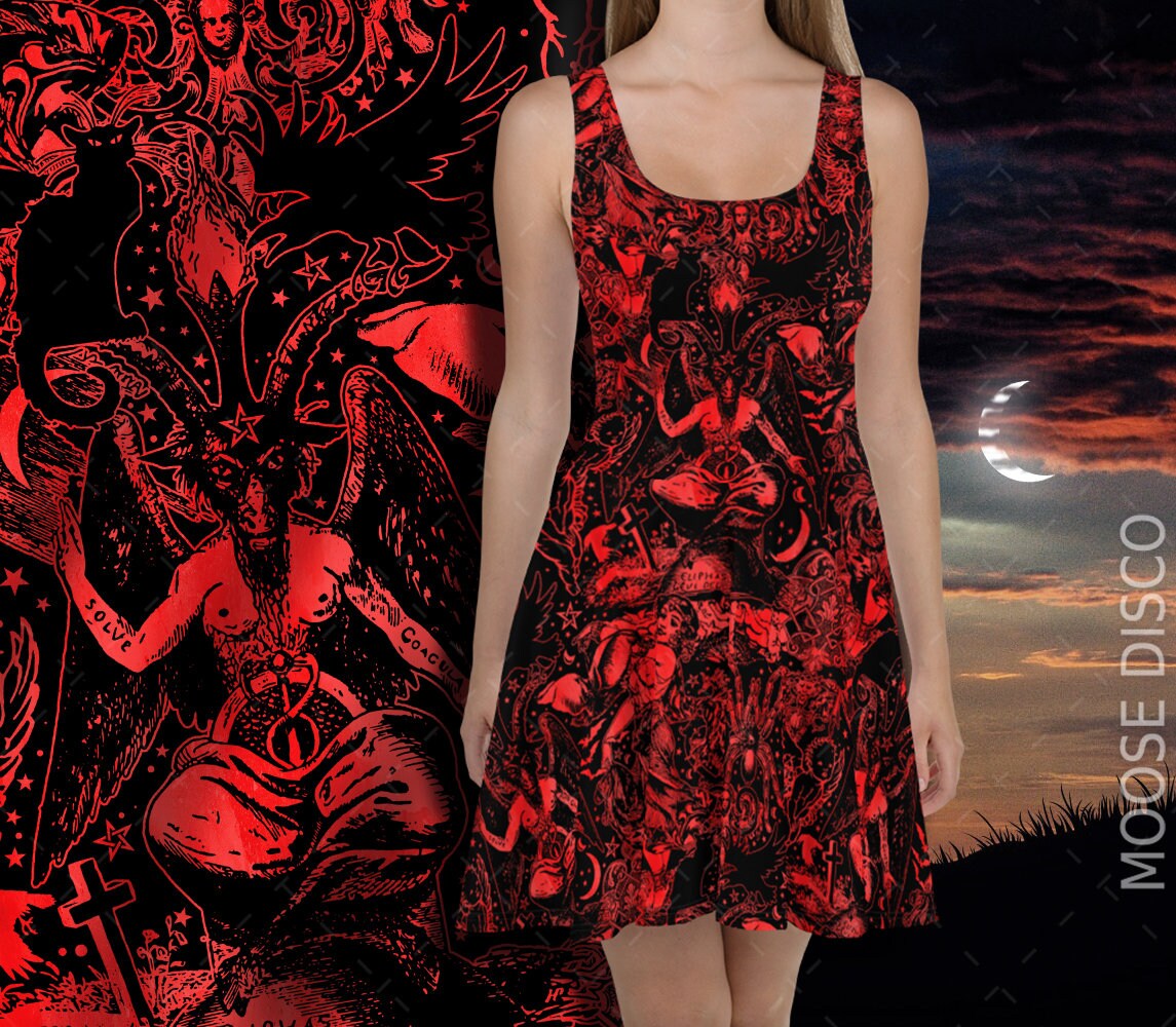 Witchy Red Baphomet Dress, Gothic Skater Dress, Red Gothic Dress ...