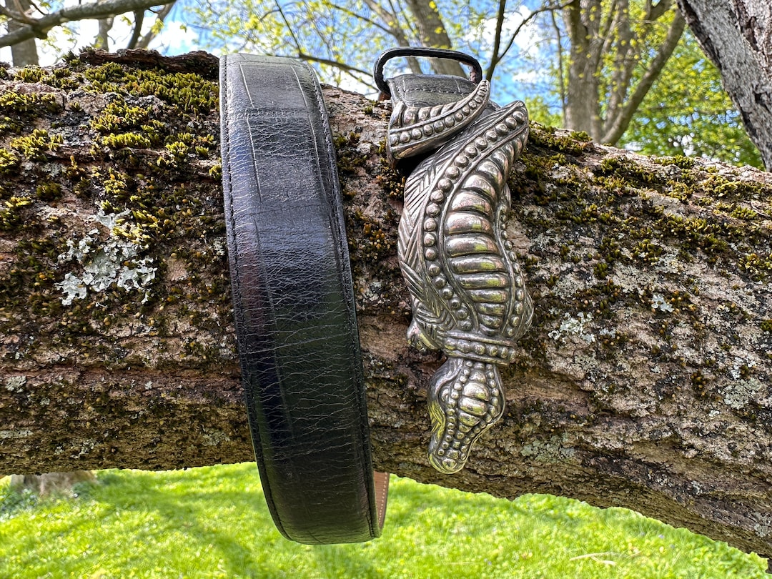 Vintage 1995 Brighton Alligator Buckle Embossed Black Leather Belt ...