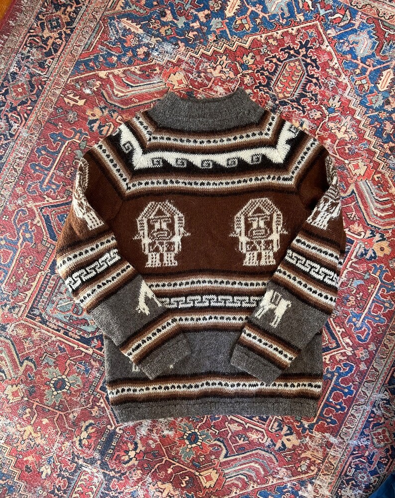 Vintage 1970s Peruvian Alpaca Wool Hand Knit Sweater in Browns and ...