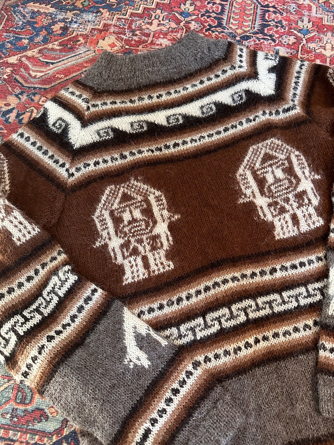 Vintage 1970s Peruvian Alpaca Wool Hand Knit Sweater in Browns and ...