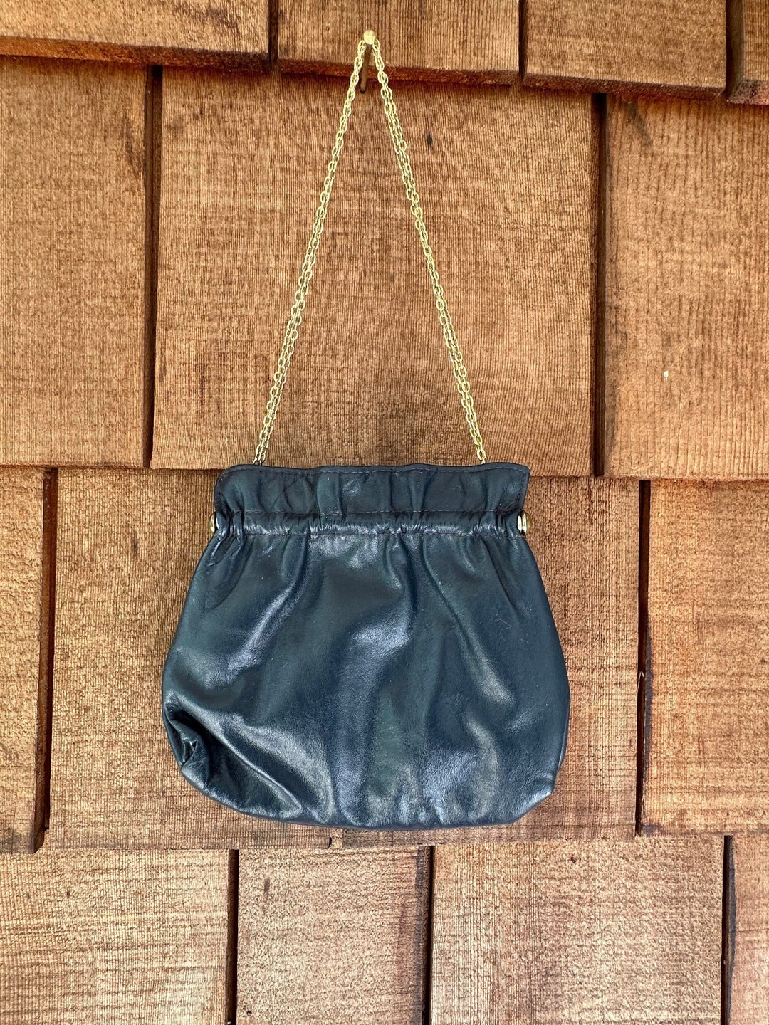 Vintage 1950s Navy Blue Leather Bag With a Gold Chain, Cocktail Bag ...