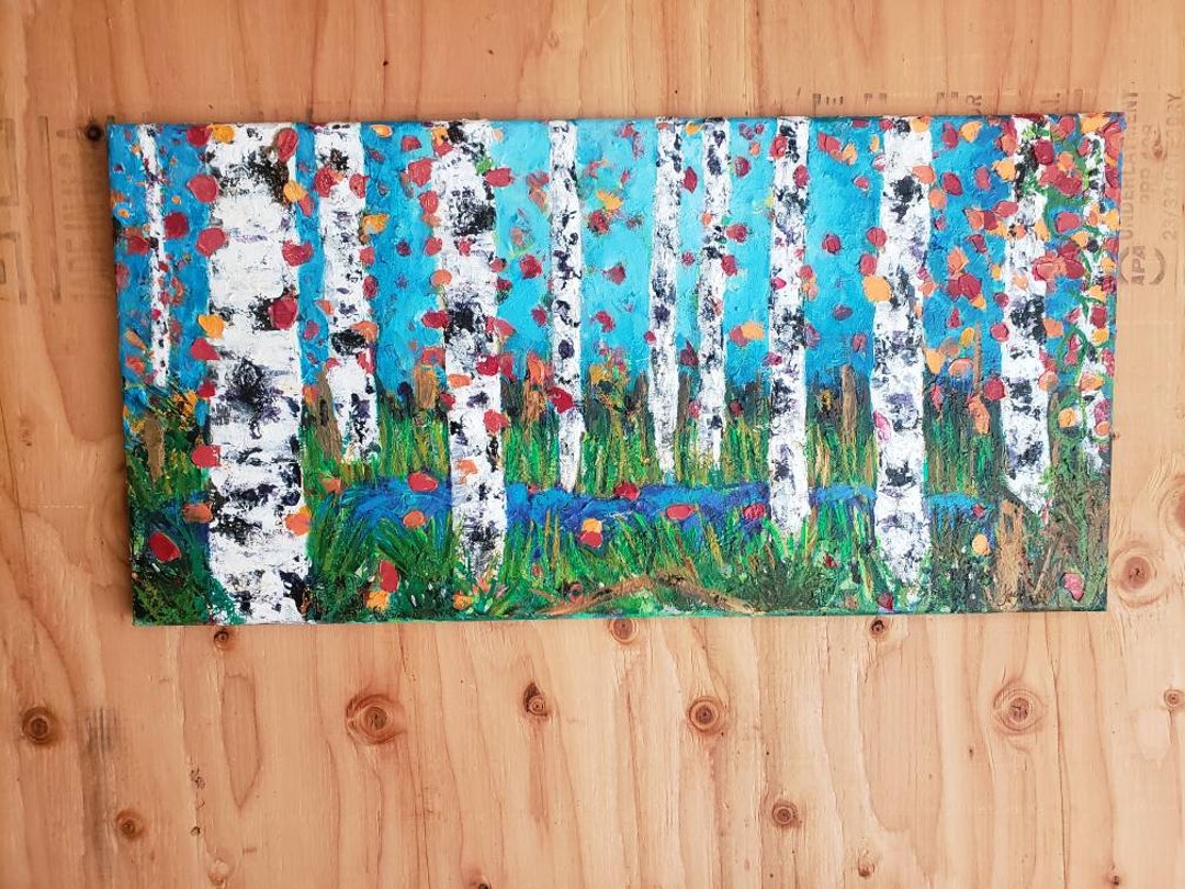 Moonlit Huddle, Birch Tree Painting, Colorful Birch Trees, Mixed Media ...