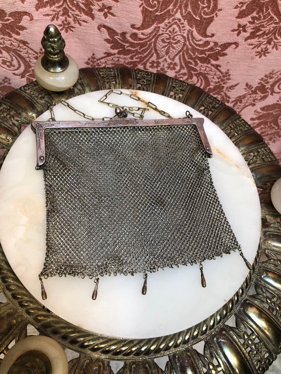 Vtg Titanic Era German Silver Ring Mesh Purse - Gem