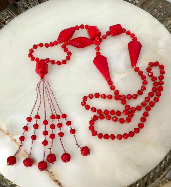 Antique 1930s CHERRY RED Czech Glass Tassel FLAPPER N… - Gem