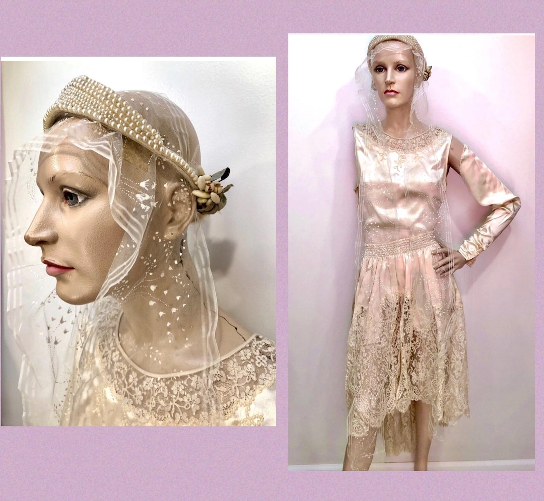 Antique 1920s SILK Pearl Beaded & Lace WEDDING Gown, Wax Flower Crown ...