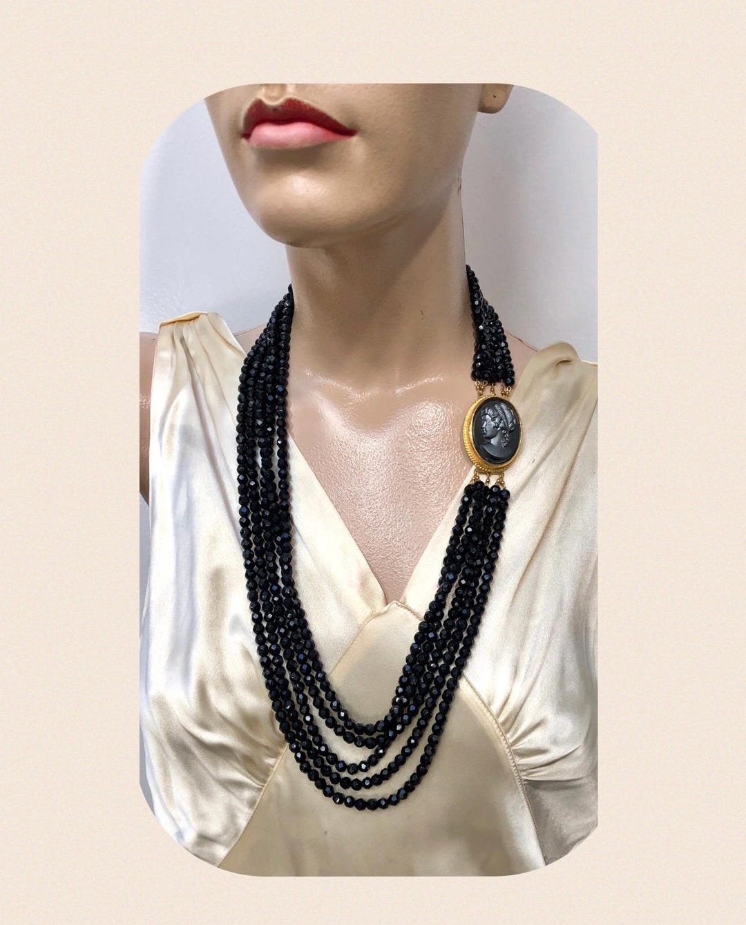 VTG 1960s 5-strand BLACK TIE Jet-bead & Cameo Necklace - Etsy