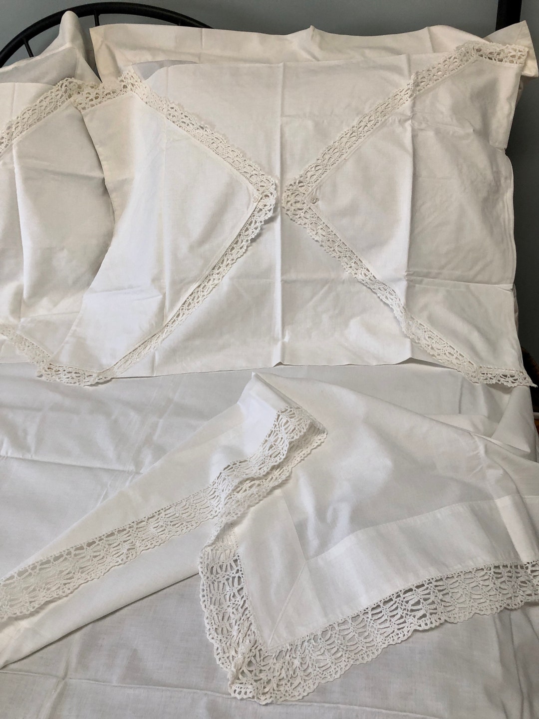 Antique 5pc Edwardian Trousseau CROCHET LACE Trim Sheet & Shams - Etsy