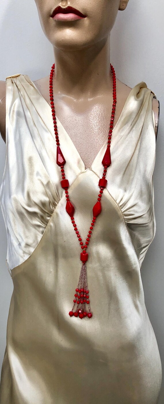 Antique 1930s CHERRY RED Czech Glass Tassel FLAPPER N… - Gem