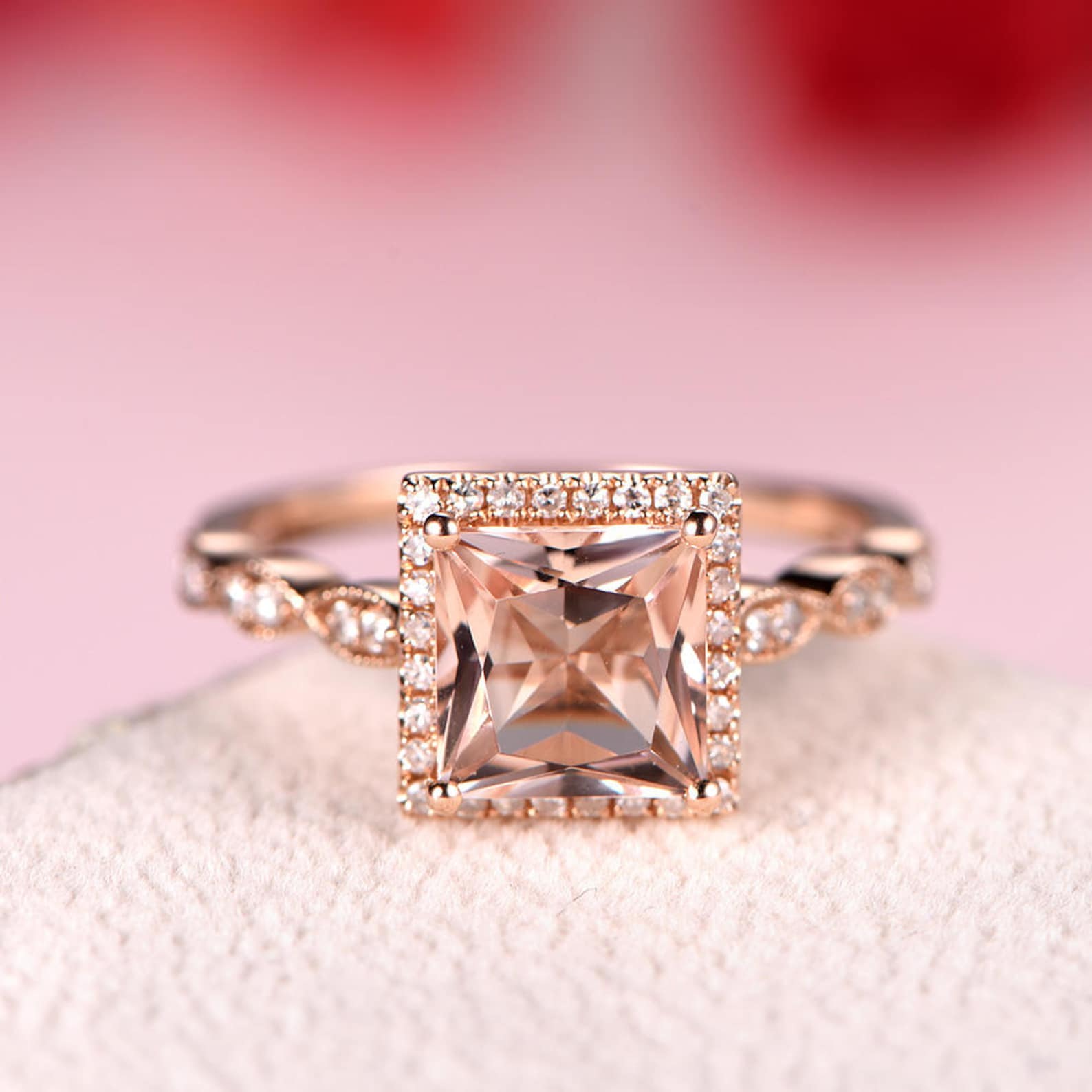 Anillo de compromiso de morganita rosa corte princesa 14k diamante rosa ...