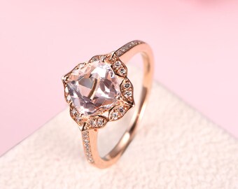 Antique Morganite Engagement Ring Cushion Cut Rose Gold Art | Etsy