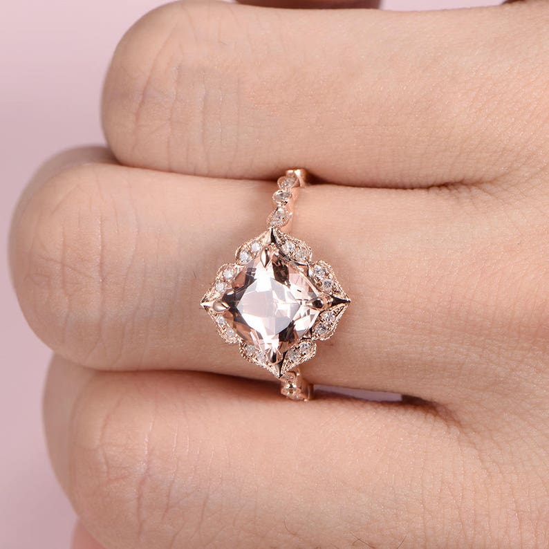 Antique Morganite Engagement Ring Cushion Cut Rose Gold Art - Etsy