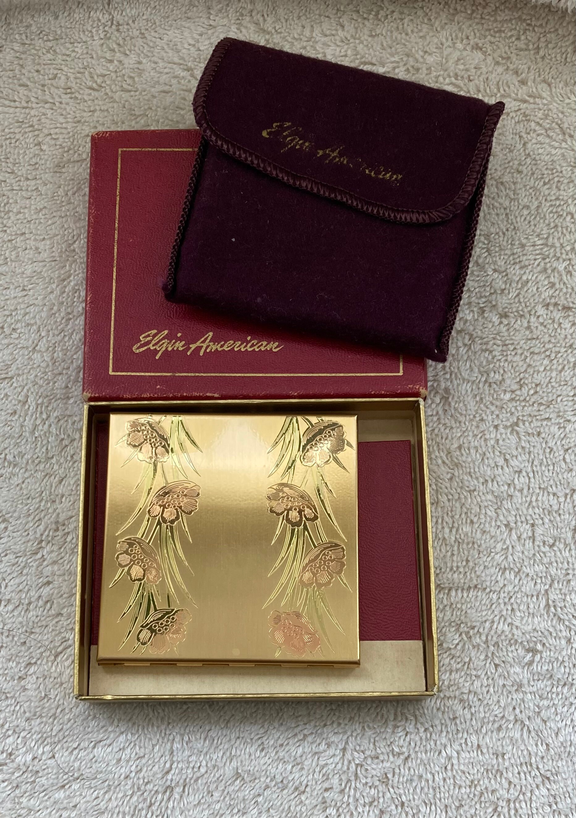 Vintage Elgin American Compact With Original Box Etched Rose Gold Tone ...