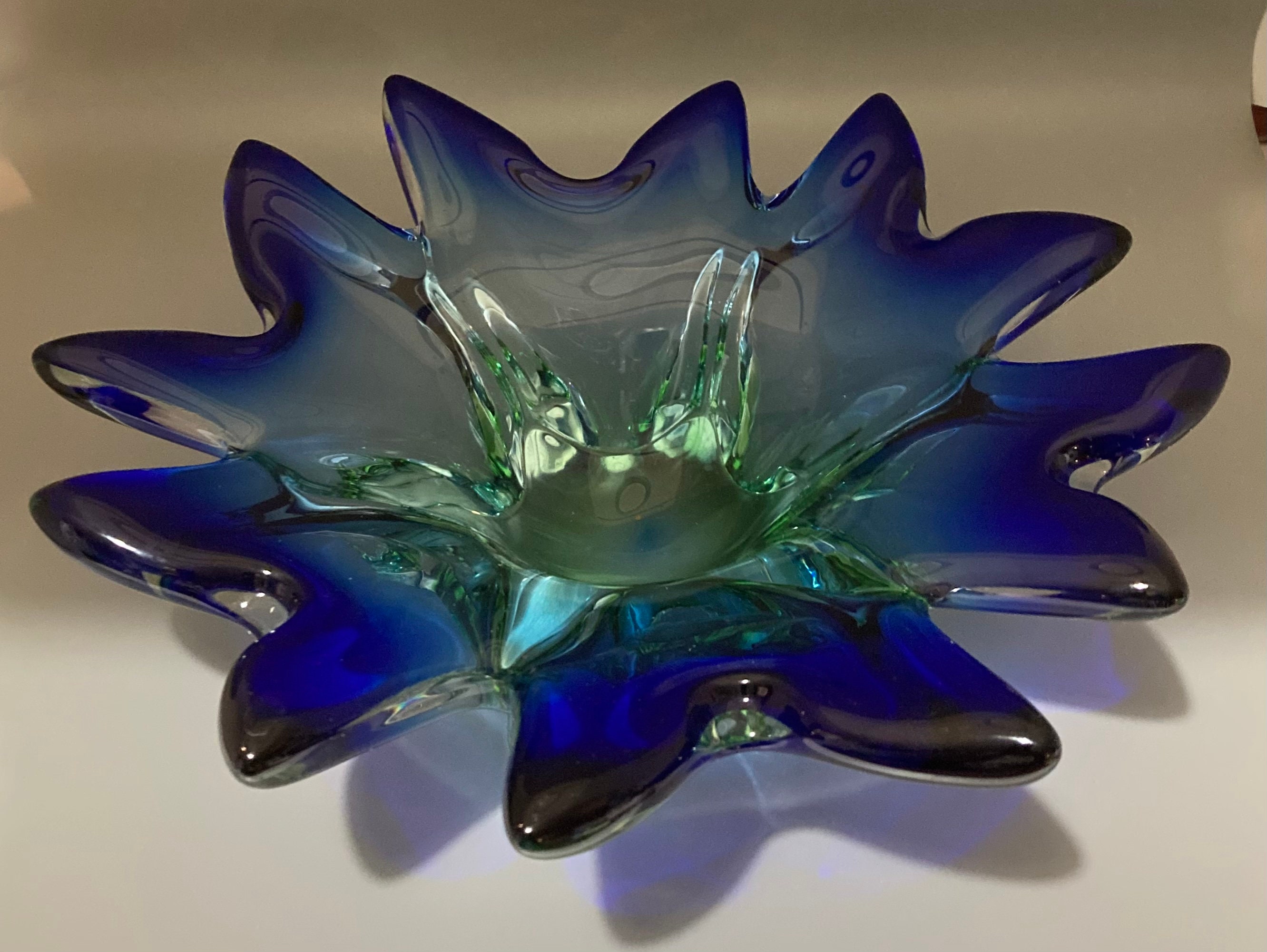 Vintage MCM Murano Chalet Art Glass Large Heavy Thick Split Petal Blue ...