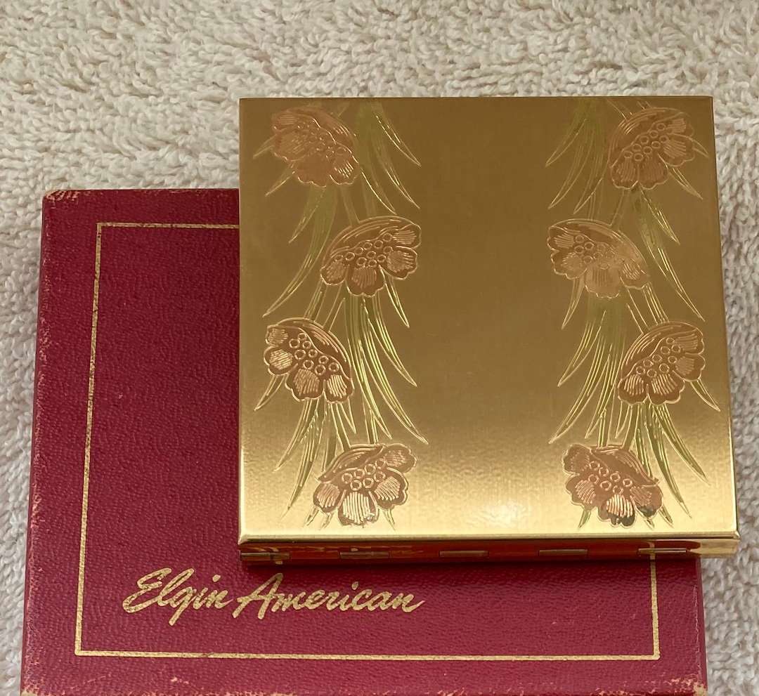 Vintage Elgin American Compact With Original Box Etched Rose Gold Tone ...
