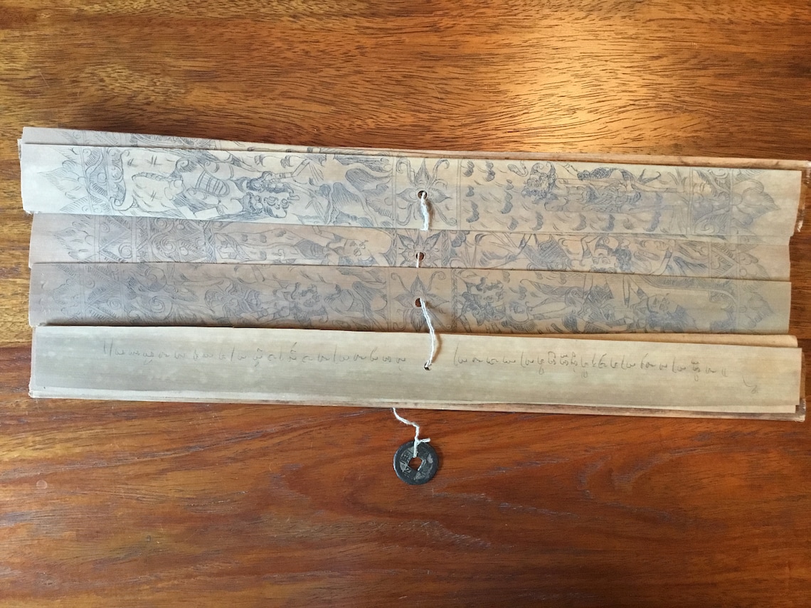 Beautifully Illustrated Balinese Lontar Palm Leaf Manuscript, Featuring ...