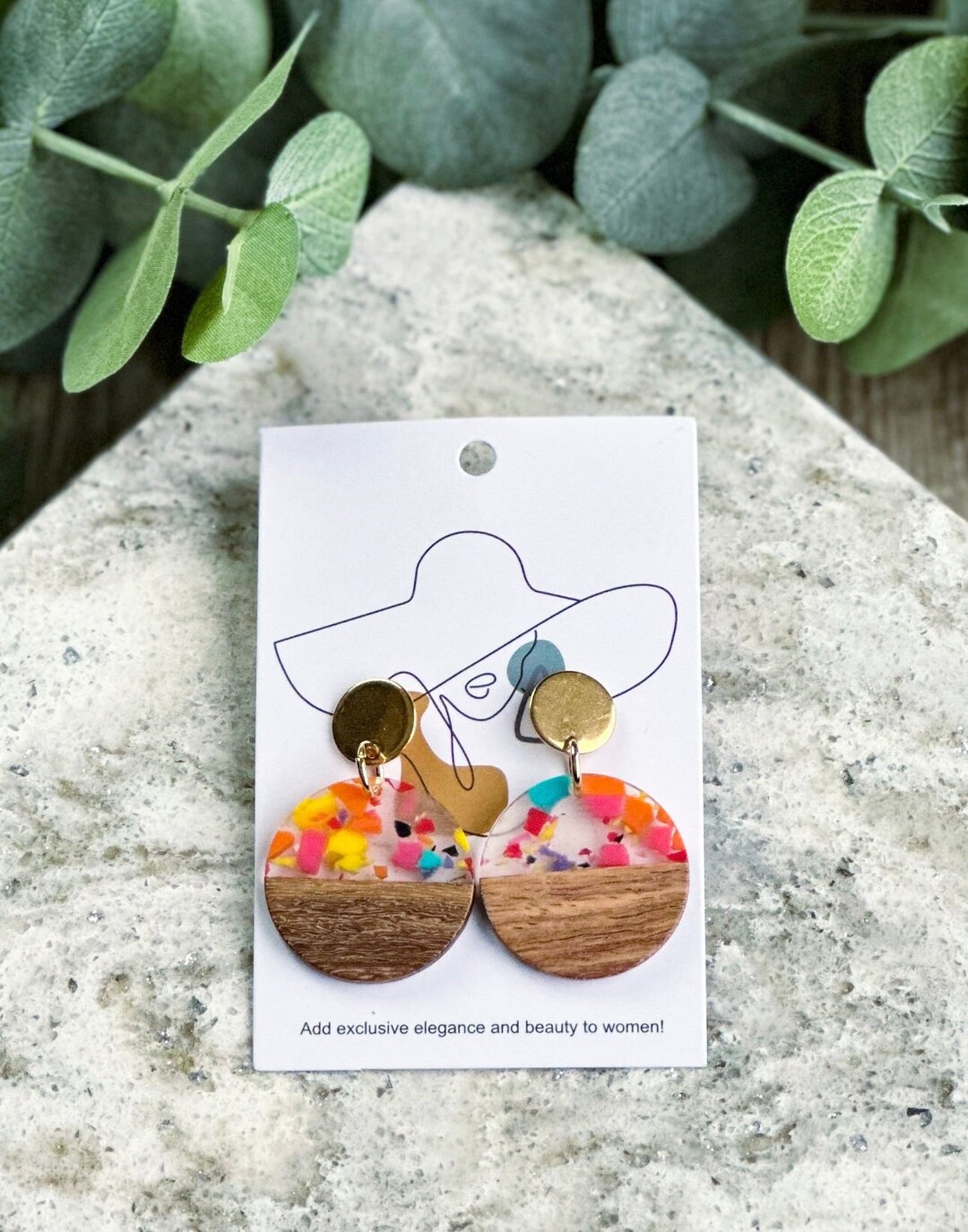 Confetti Wood & Resin Statement Earrings - Hypoallergenic - Boho Wooden ...