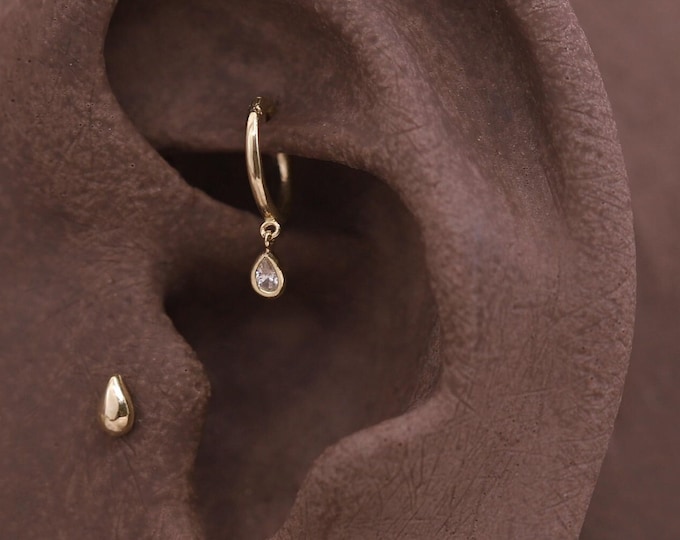 NEW ‣ Tiny 14K Solid Gold 6mm Clicker Hoop With Teardrop Charm • 18G ...