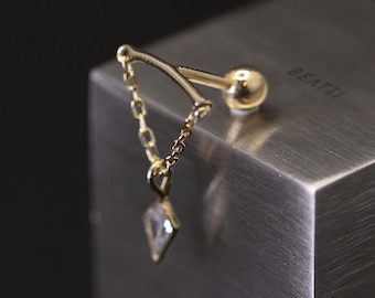 NEW 14K Solid Gold Vertical Helix Chain Piercing Unique Gold Barbell ...